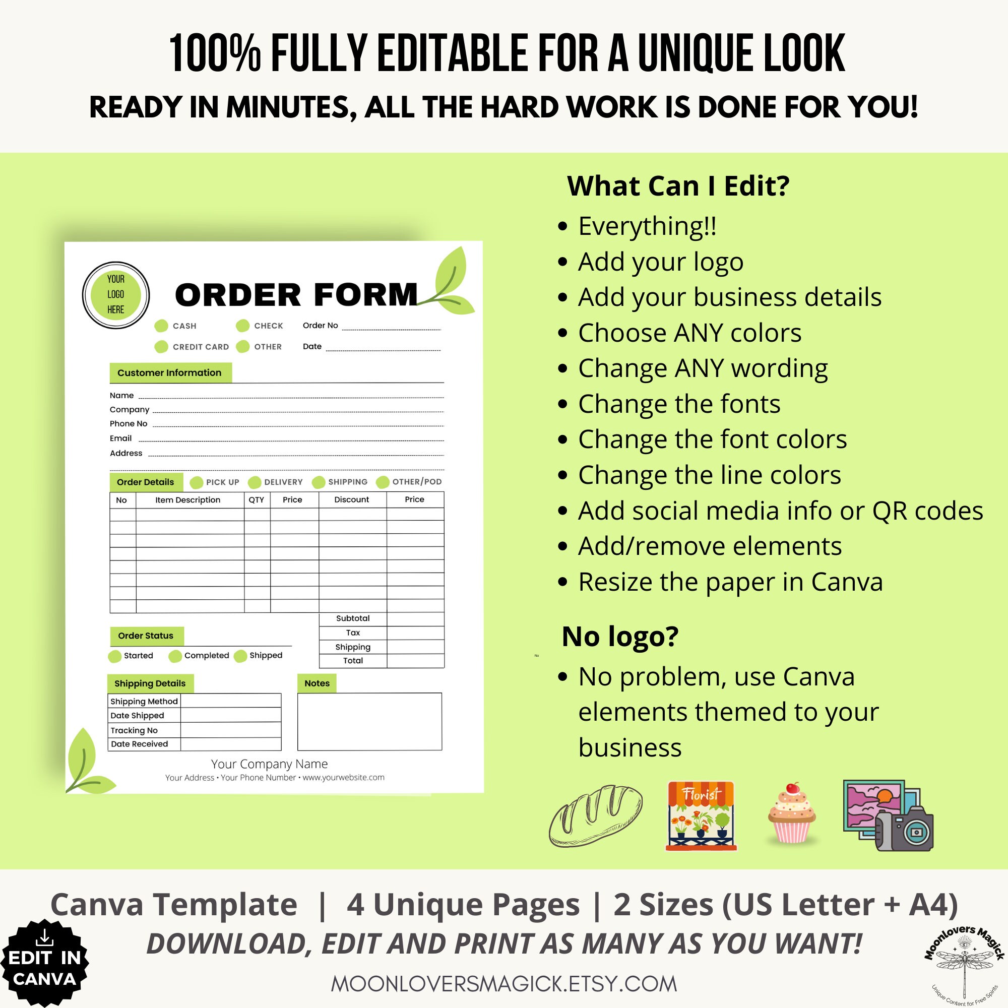 Leafy Custom Order Form Template, Order Tracker, Order Receipt Canva ...