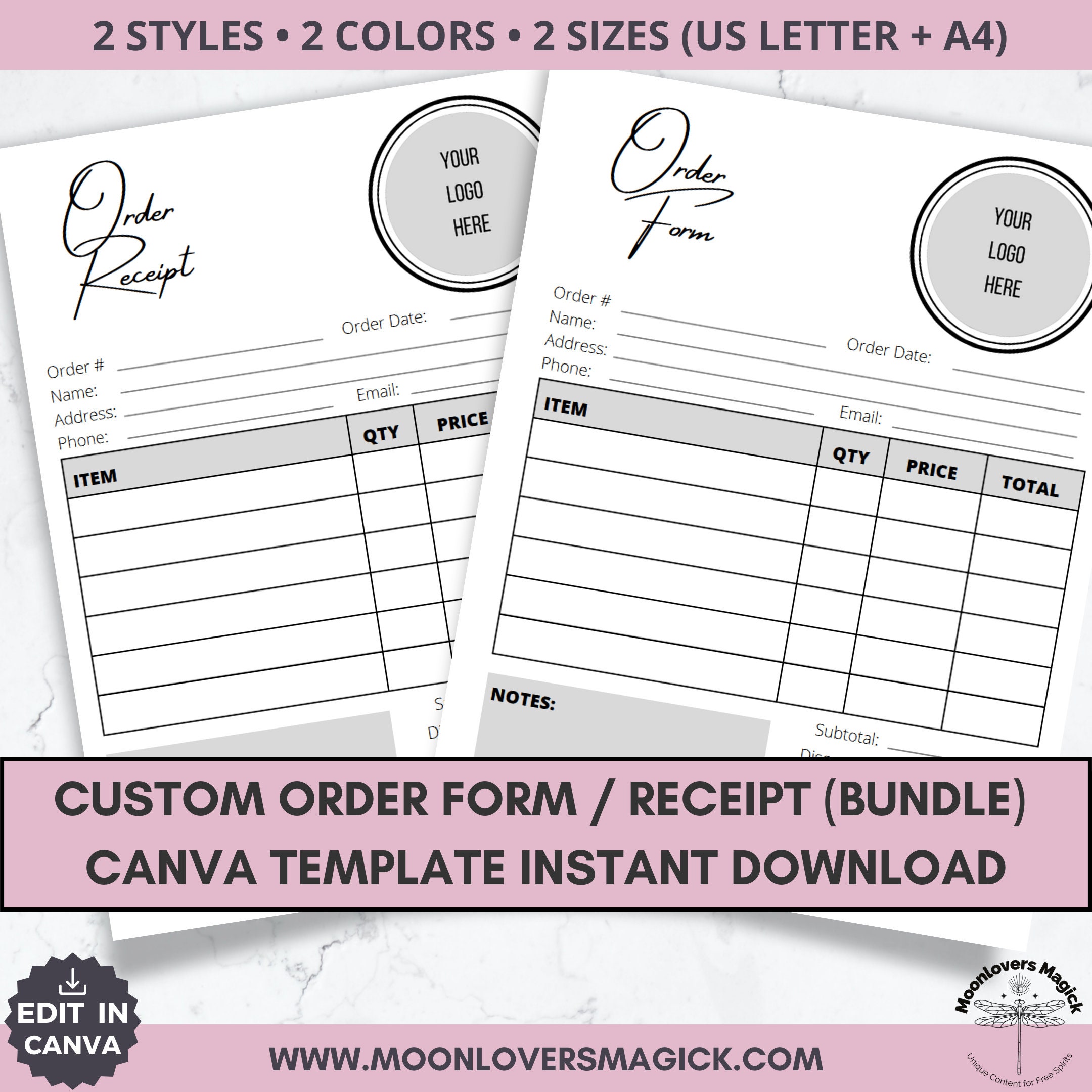 Custom Order Form Template + Order Receipt, Canva Template Bundle ...