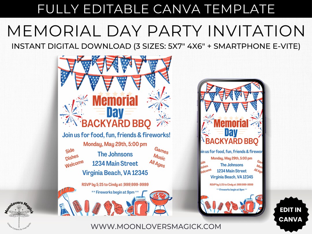 Editable Memorial Day Party Invitations Template Download, Digital ...