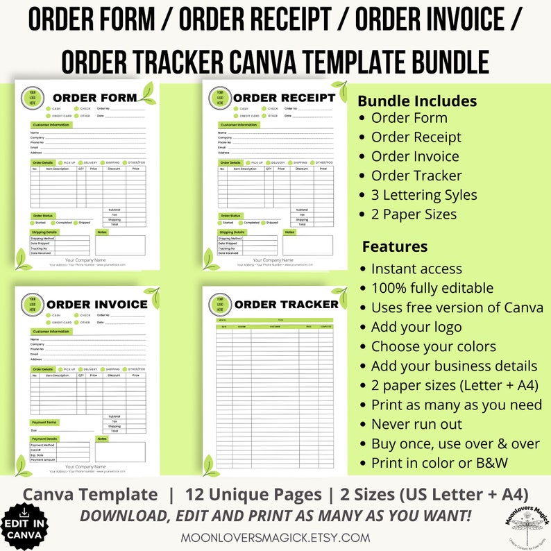 Leafy Custom Order Form Template, Order Tracker, Order Receipt Canva ...