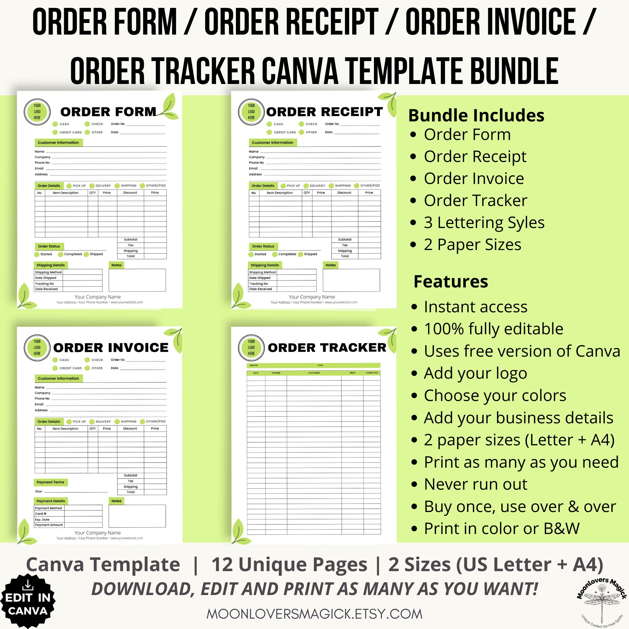 Leafy Custom Order Form Template, Order Tracker, Order Receipt Canva ...