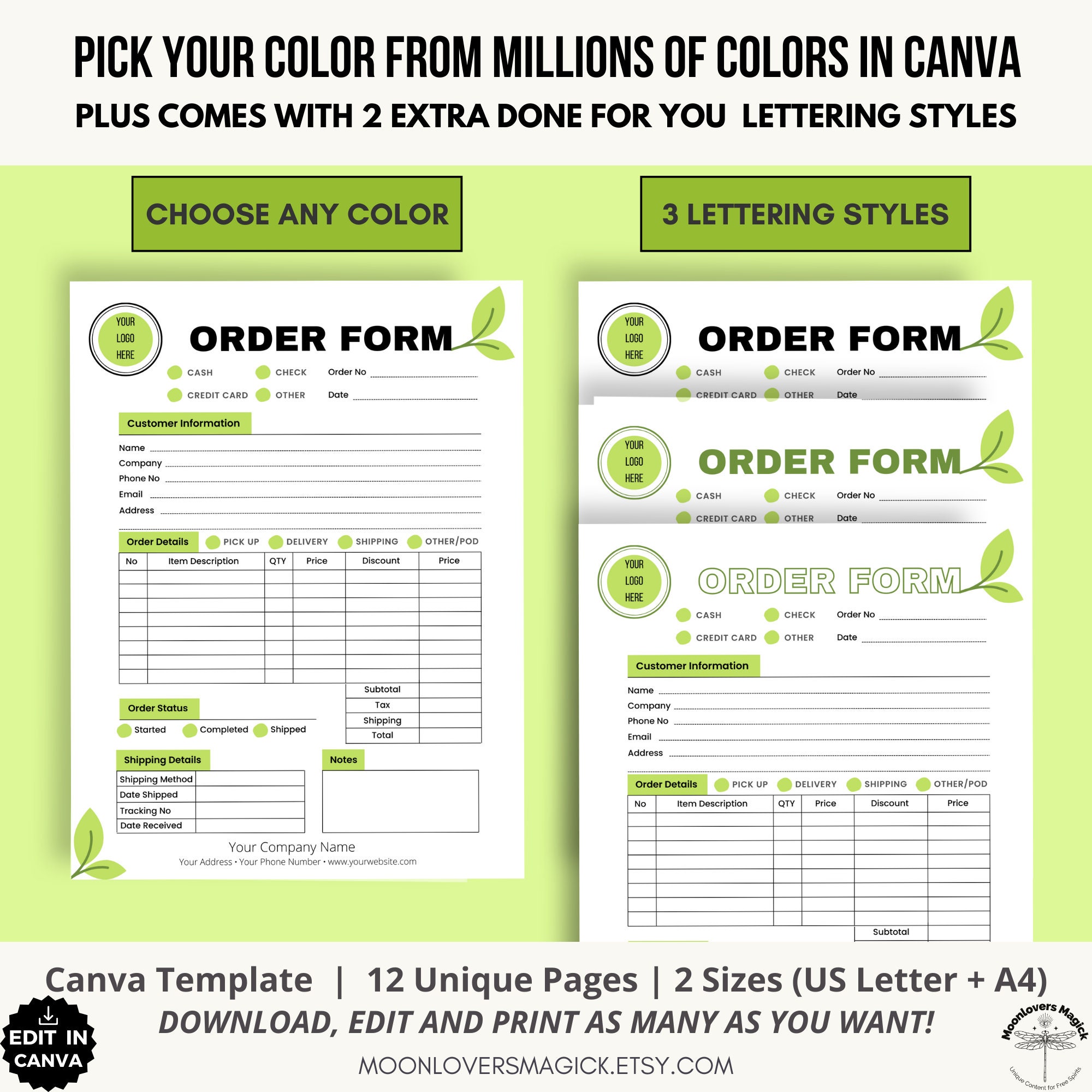 Leafy Custom Order Form Template, Order Tracker, Order Receipt Canva ...