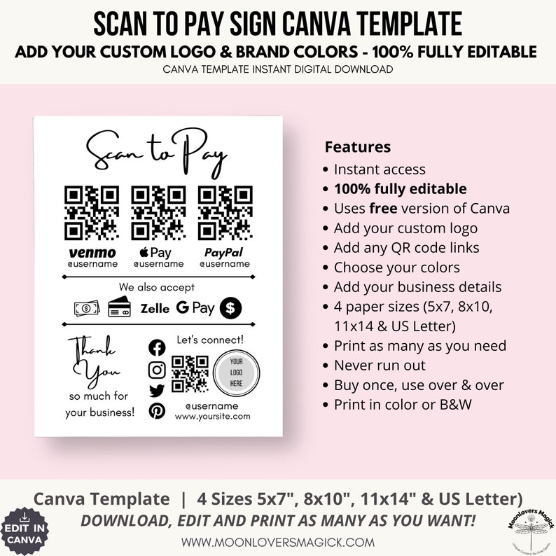 QR Code Sign Business Printable, Scan to Pay Template With Custom Logo ...