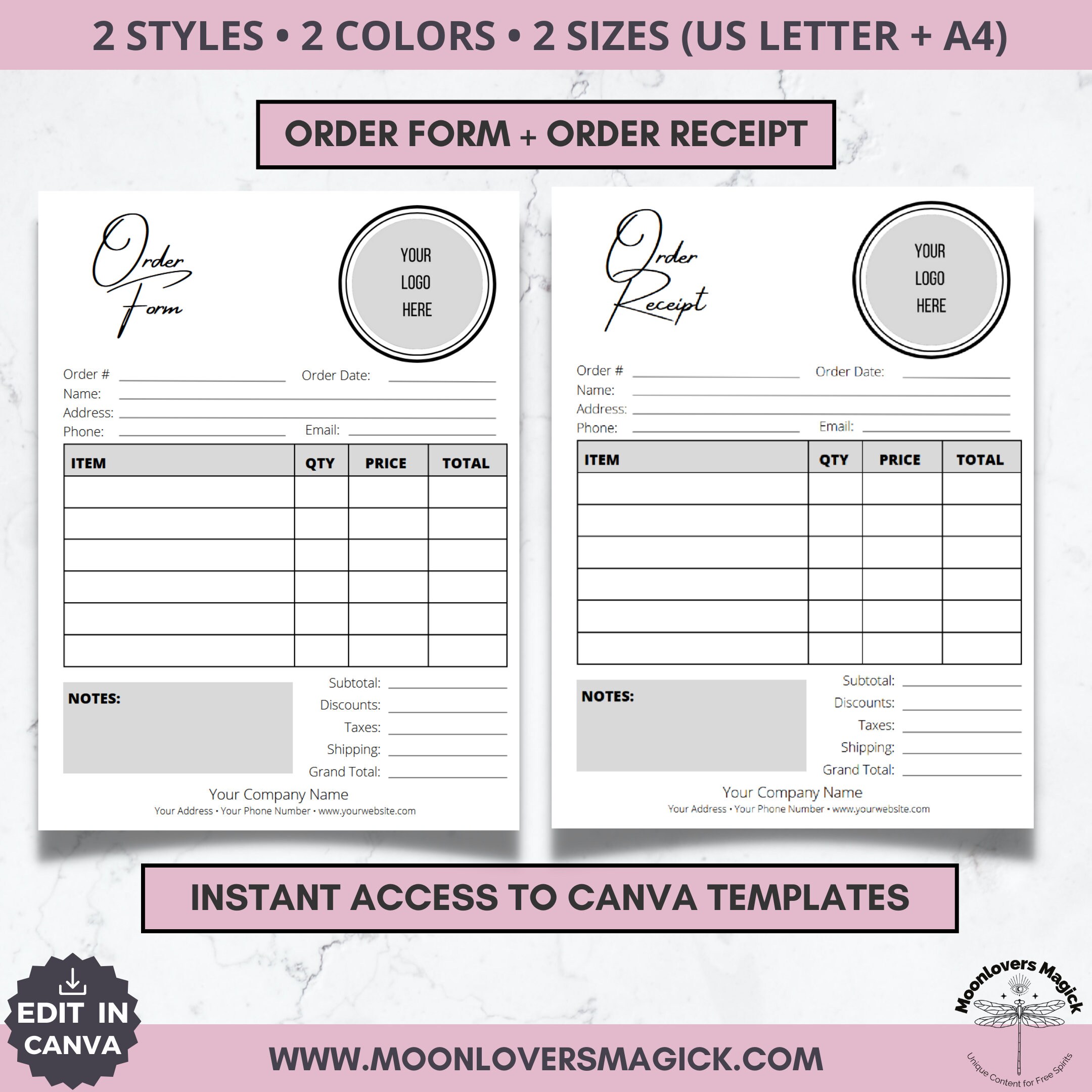 Custom Order Form Template + Order Receipt, Canva Template Bundle ...
