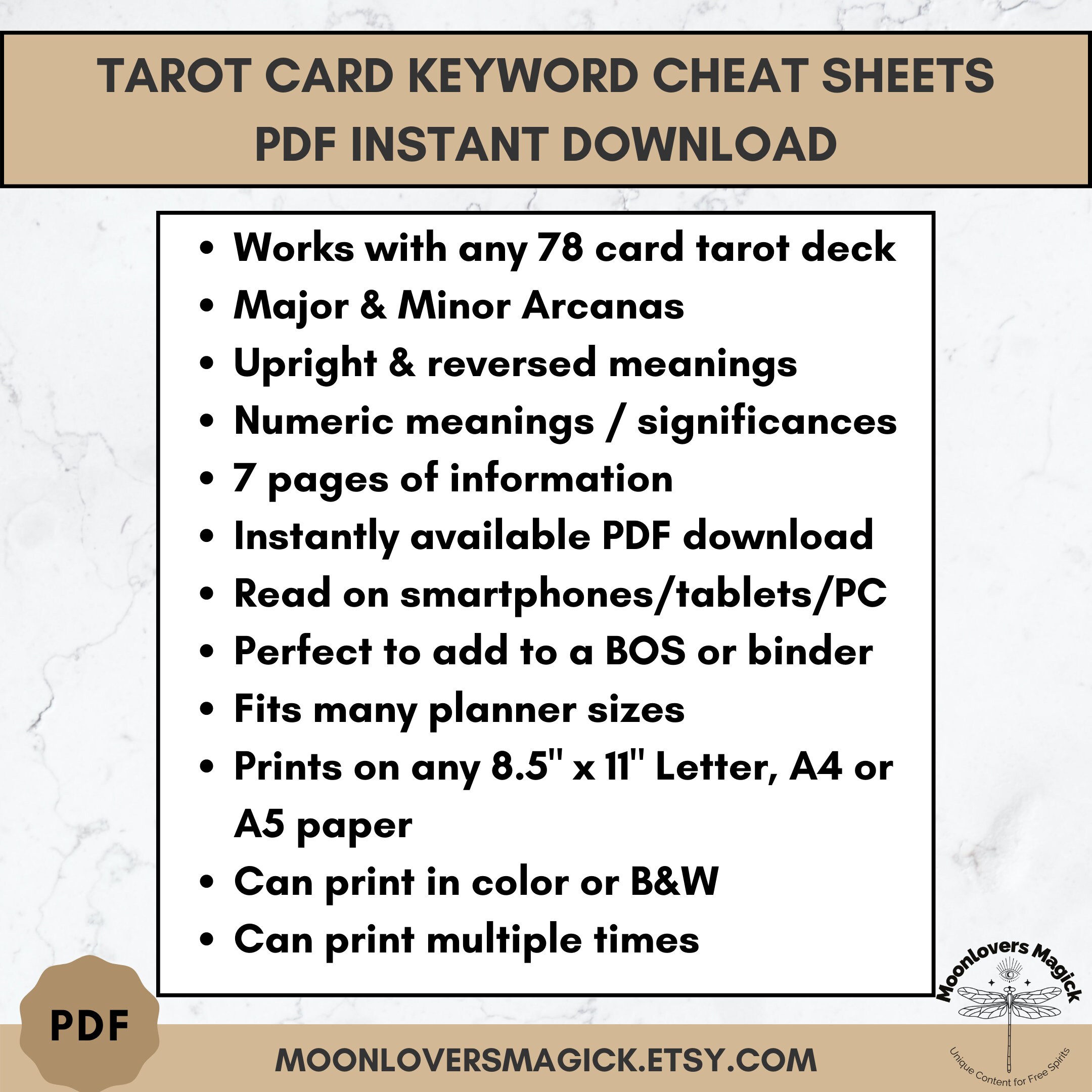 Tarot Keyword Cheat Sheets, Digital Download PDF Divination Guide ...