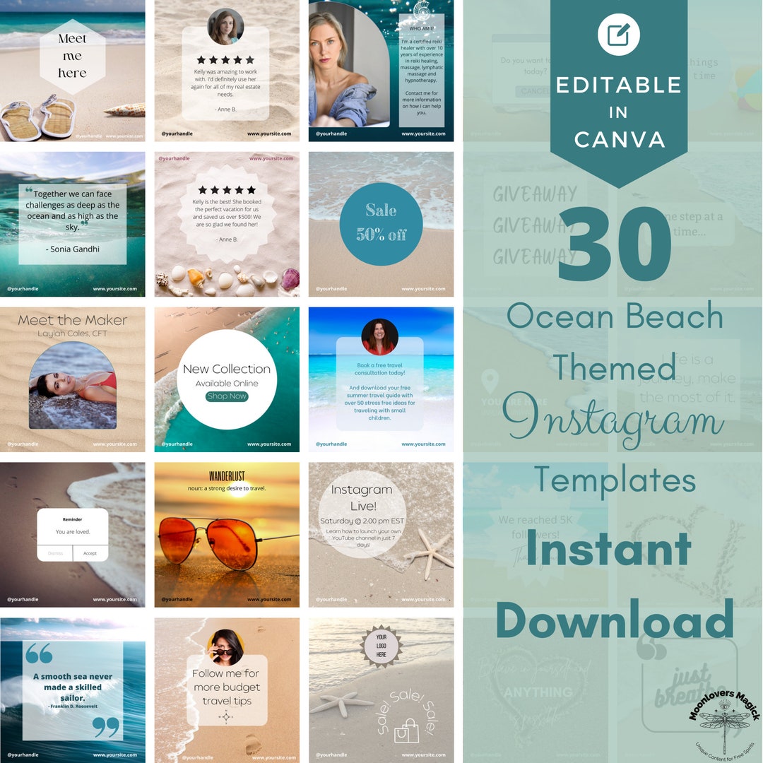 30 Editable Beach Ocean Themed Instagram Post Templates for Canva ...