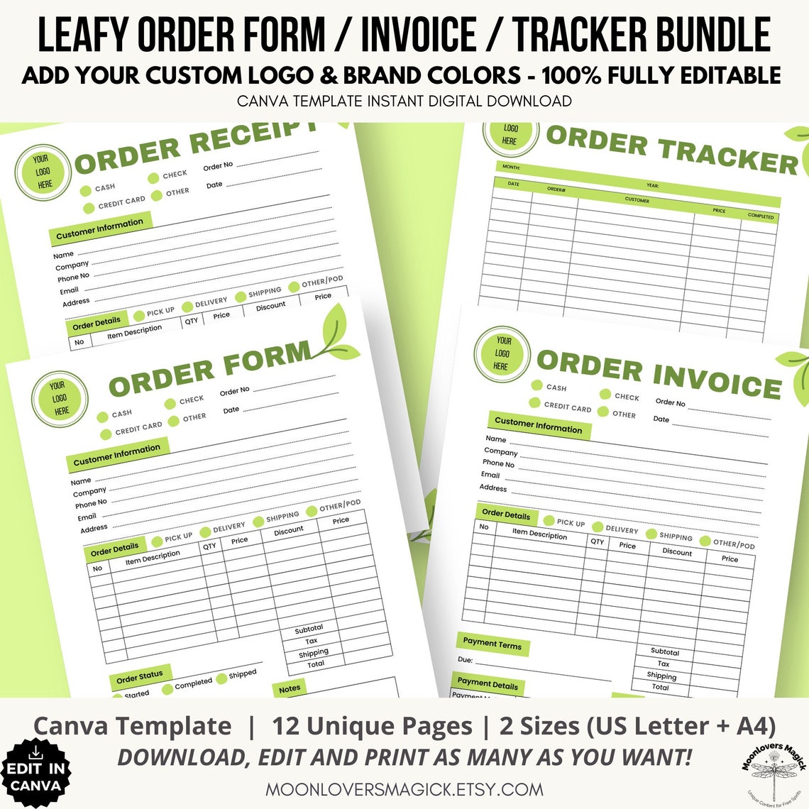 Leafy Custom Order Form Template, Order Tracker, Order Receipt Canva ...