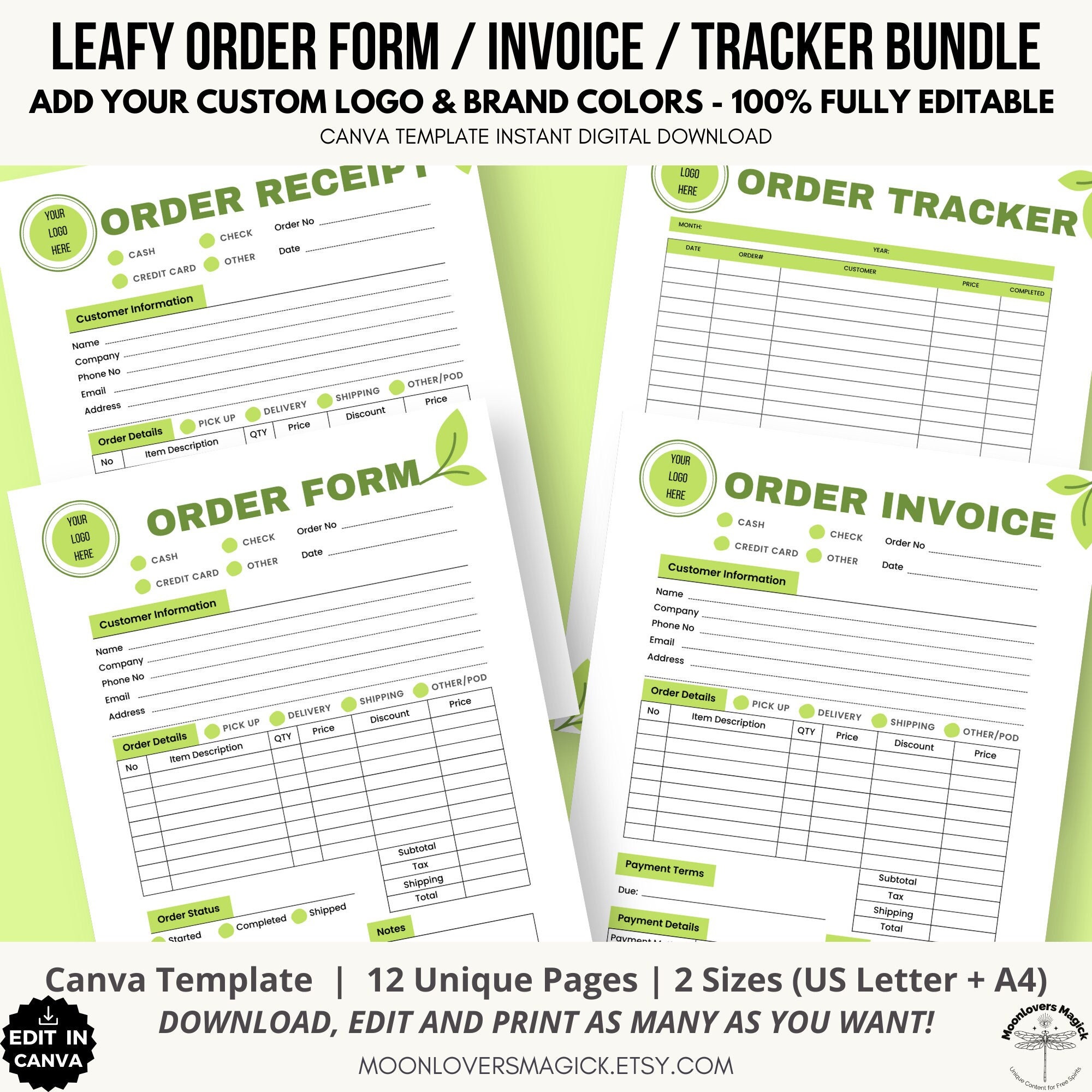 Leafy Custom Order Form Template, Order Tracker, Order Receipt Canva ...