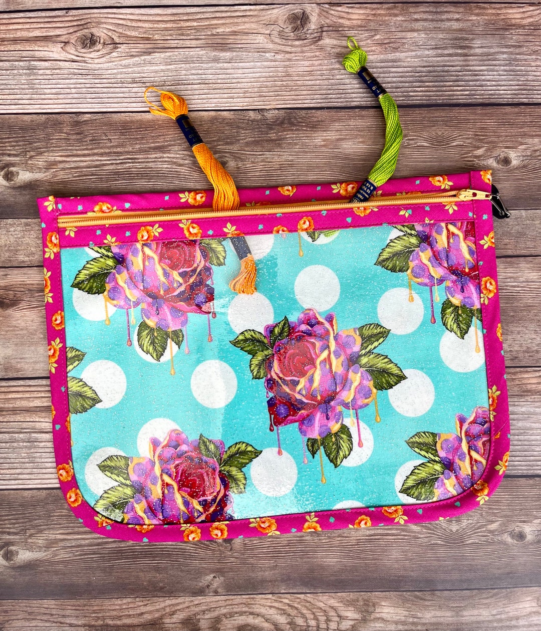 Tula Pink Dripping Roses Fabric Clear Front Project Pouch, Curiouser Glitter Vinyl Zipper Case ...