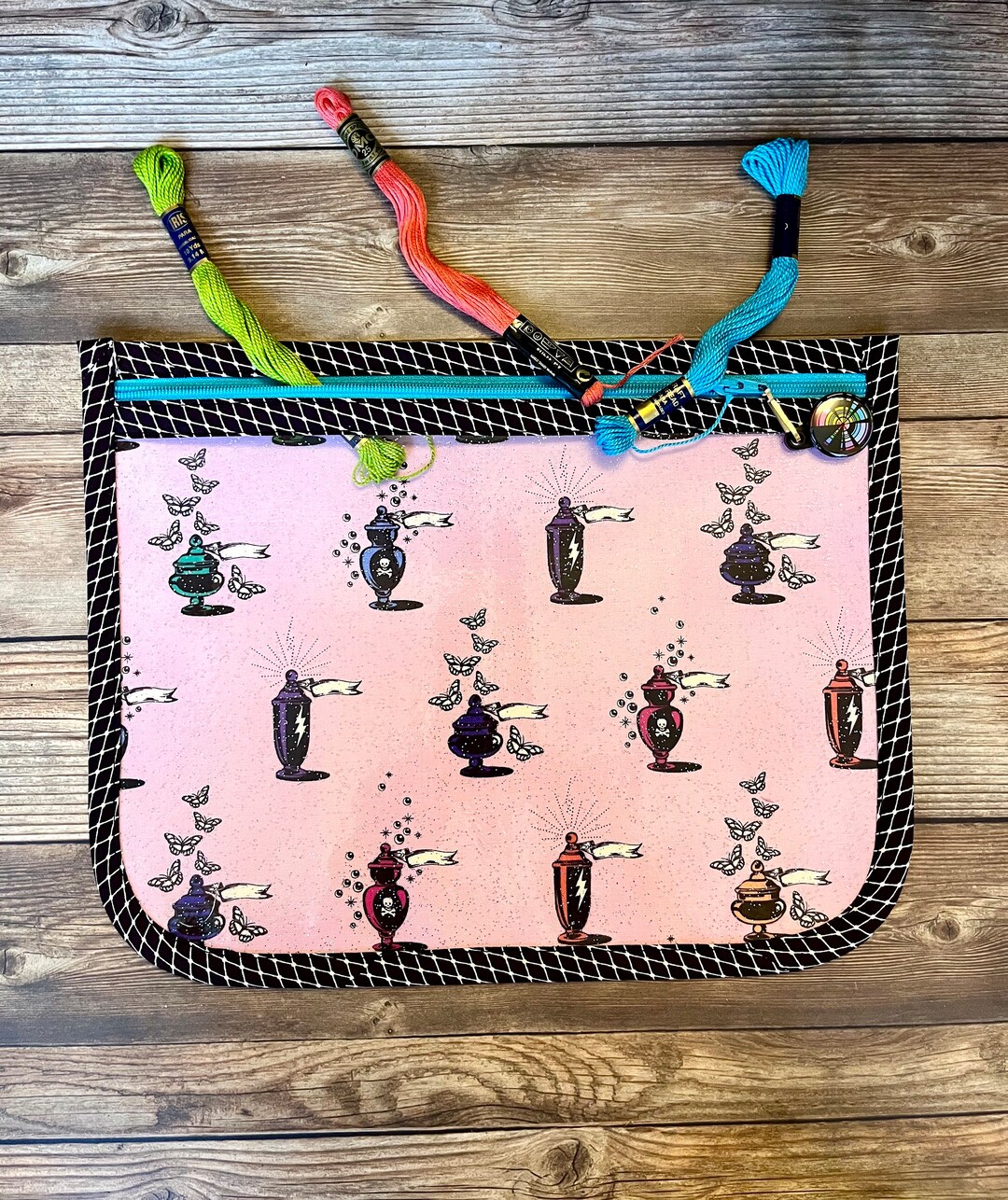 Tula Pink Deja Vu Fabric Clear Front Project Pouch, Potion Bottles Glitter Vinyl Zipper Case ...