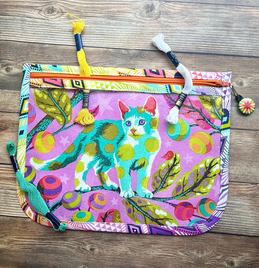 Tula Pink Tabby Road Deja Vu Fabric Clear Front Project Pouch, Club Kitty Glitter Vinyl Zipper ...