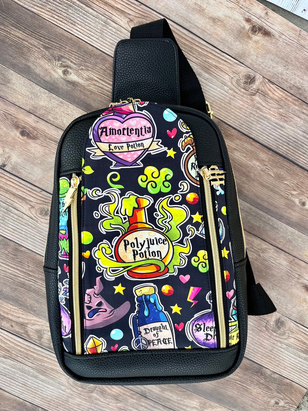 HP Potions Inspired Speedwell Sling Bag, Black Vinyl Crossbody Backpack ...