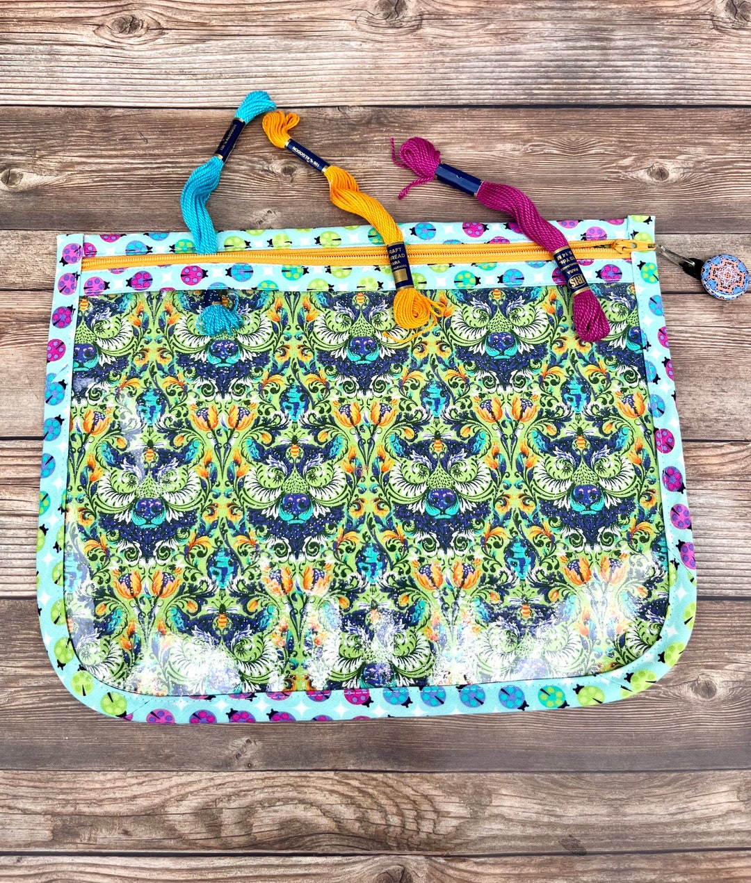 Tula Pink Tiny Beasts Fabric Clear Front Project Pouch, Bear With Me Glitter Vinyl Zipper Case ...