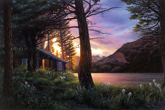 Rustic Cabin Landscape Art Print Blissful | Etsy