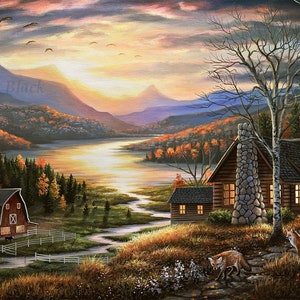 Rustic Cabin Limited Edition Art Print evening Visitors Painting by ...