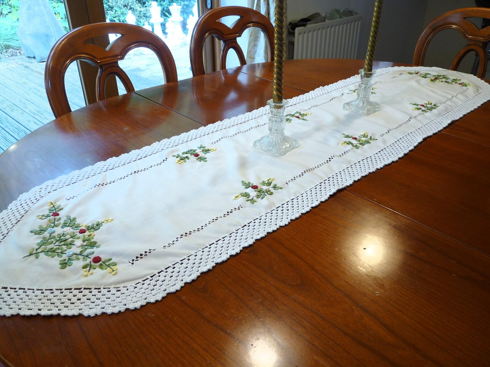 Vintage Table Runner, Dresser Scarf With Hand Worked Ribbon Embroidery ...