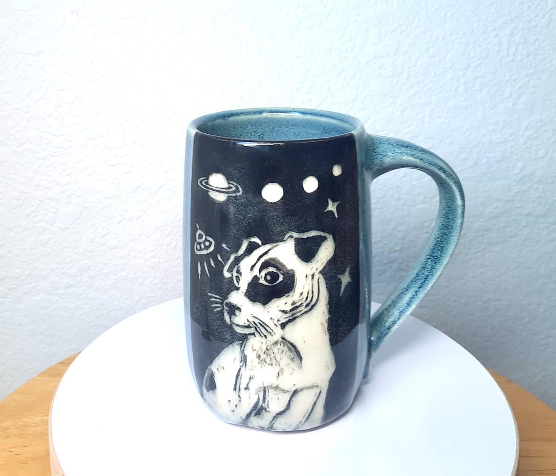 Dog Ceramic Sgraffito Blue Mug Cup, 14 Ounce, Hand Carved Design ...