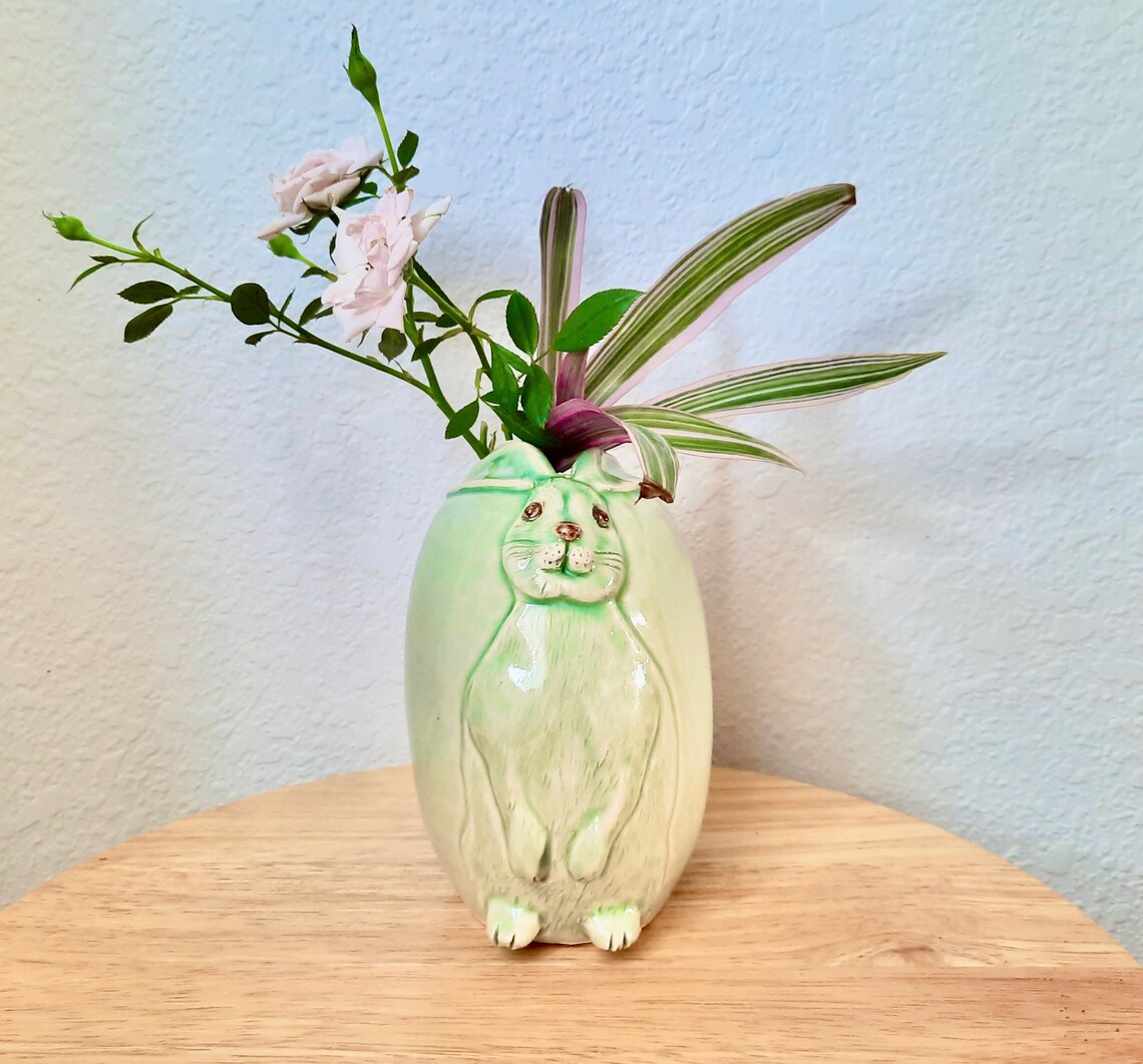 Rabbit Vase Hand Sculpted Cute Hare Jade Green Ceramic - Etsy