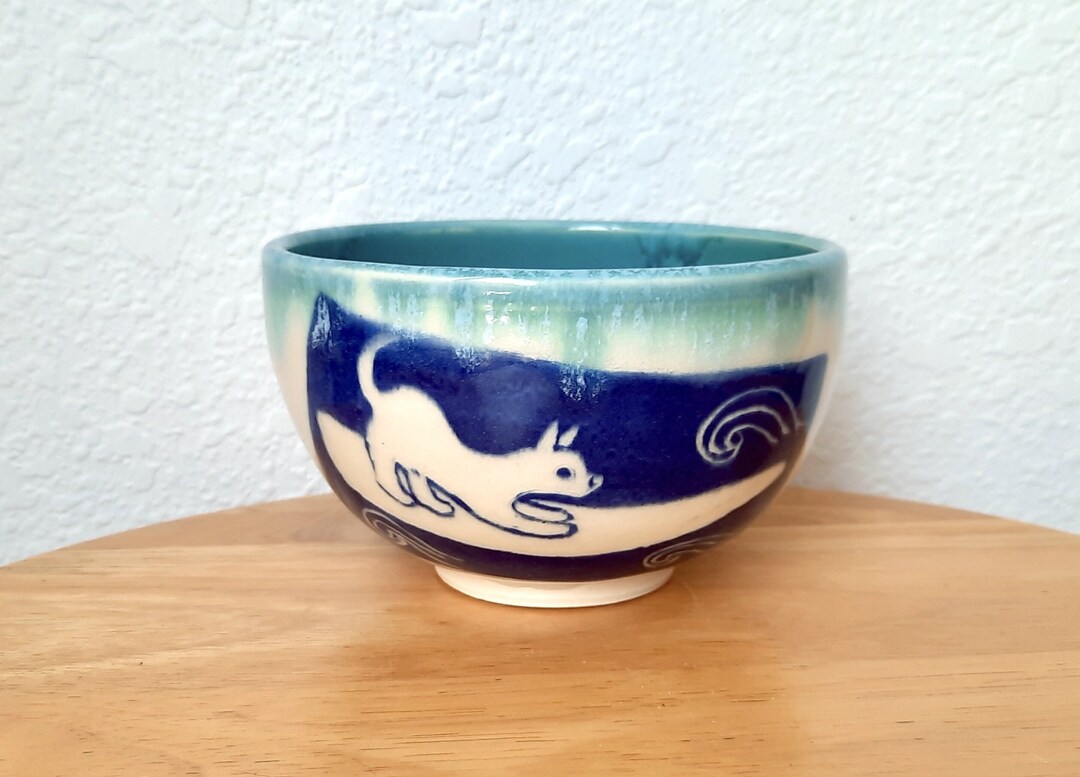 Surfing Dog Ocean Ceramic Sgraffito Bowl, Hand Carved Dog, Fish, Palm ...