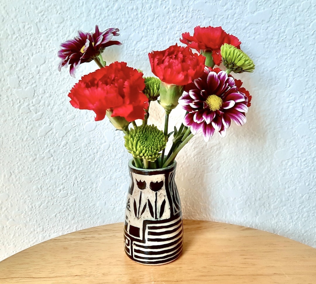 Tulips, Leaves Sgraffito Vase 3"h, Hand Carved Design, Made in Maui HI ...
