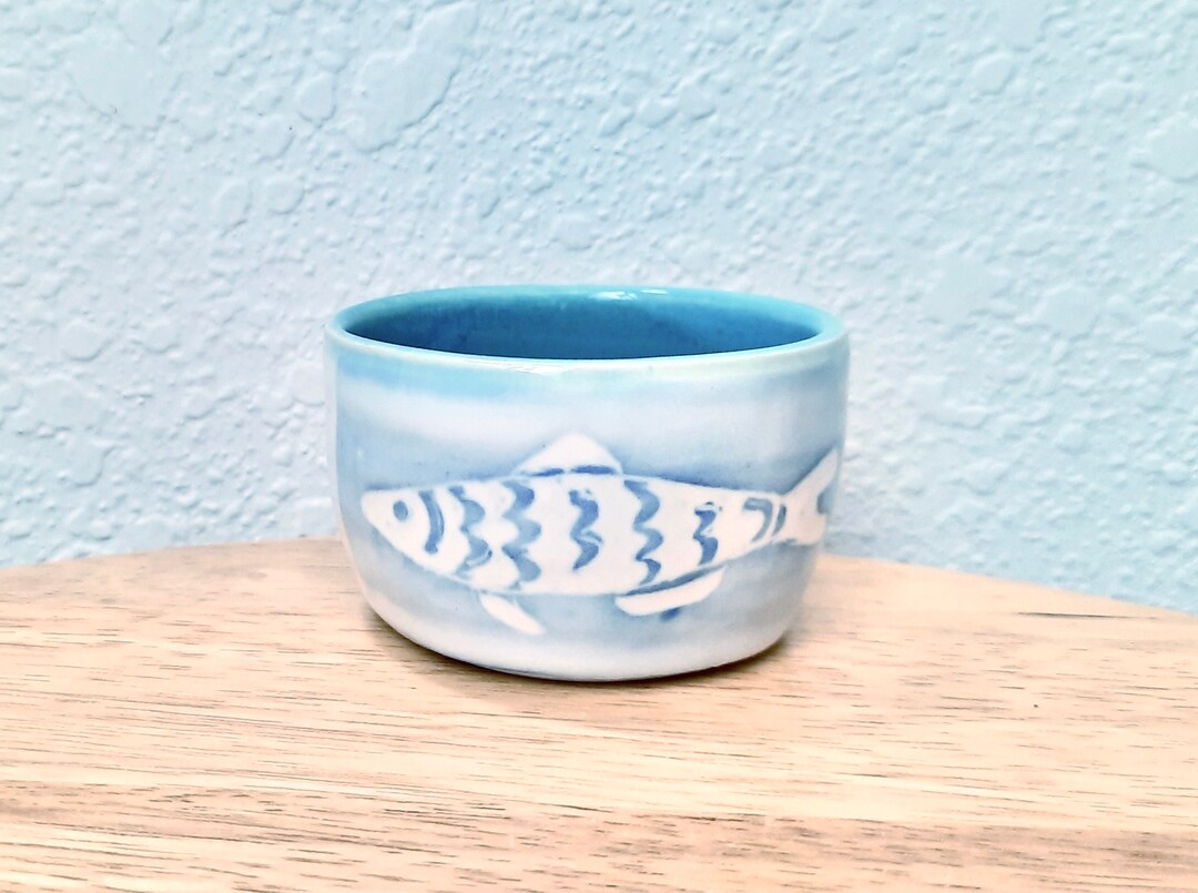Ceramic Sgraffito Sake Cup, Hand Carved Fish Design, Pottery Shot Glass ...