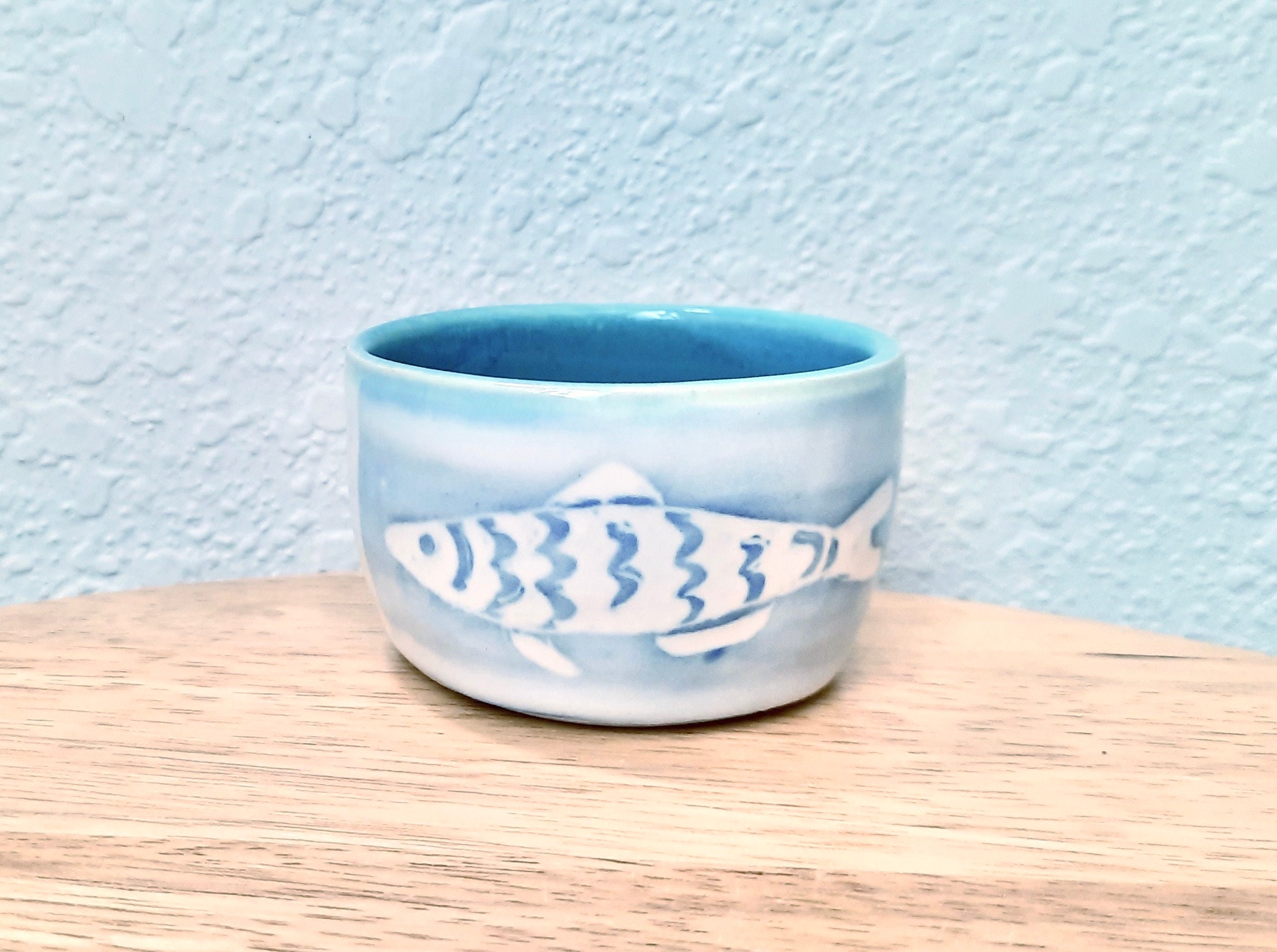 Ceramic Sgraffito Sake Cup, Hand Carved Fish Design, Pottery Shot Glass ...