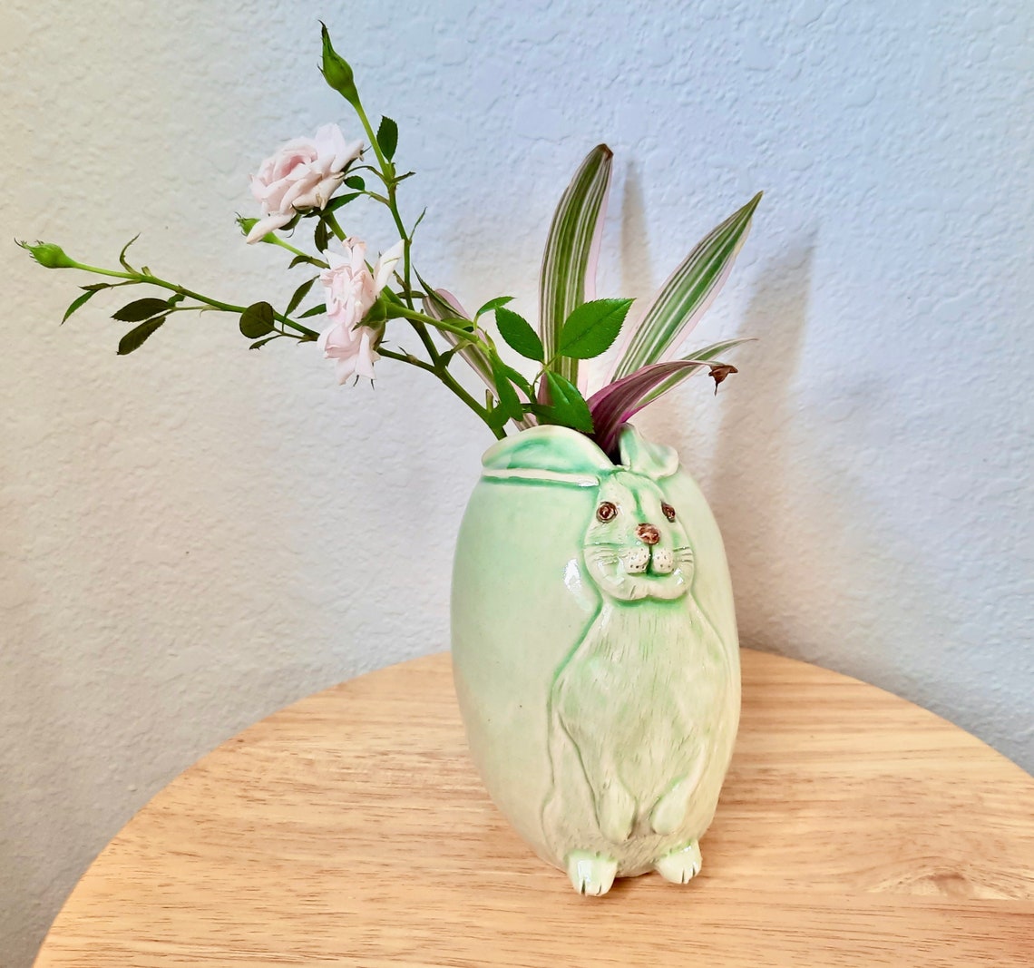 Rabbit Vase Hand Sculpted Cute Hare Jade Green Ceramic - Etsy