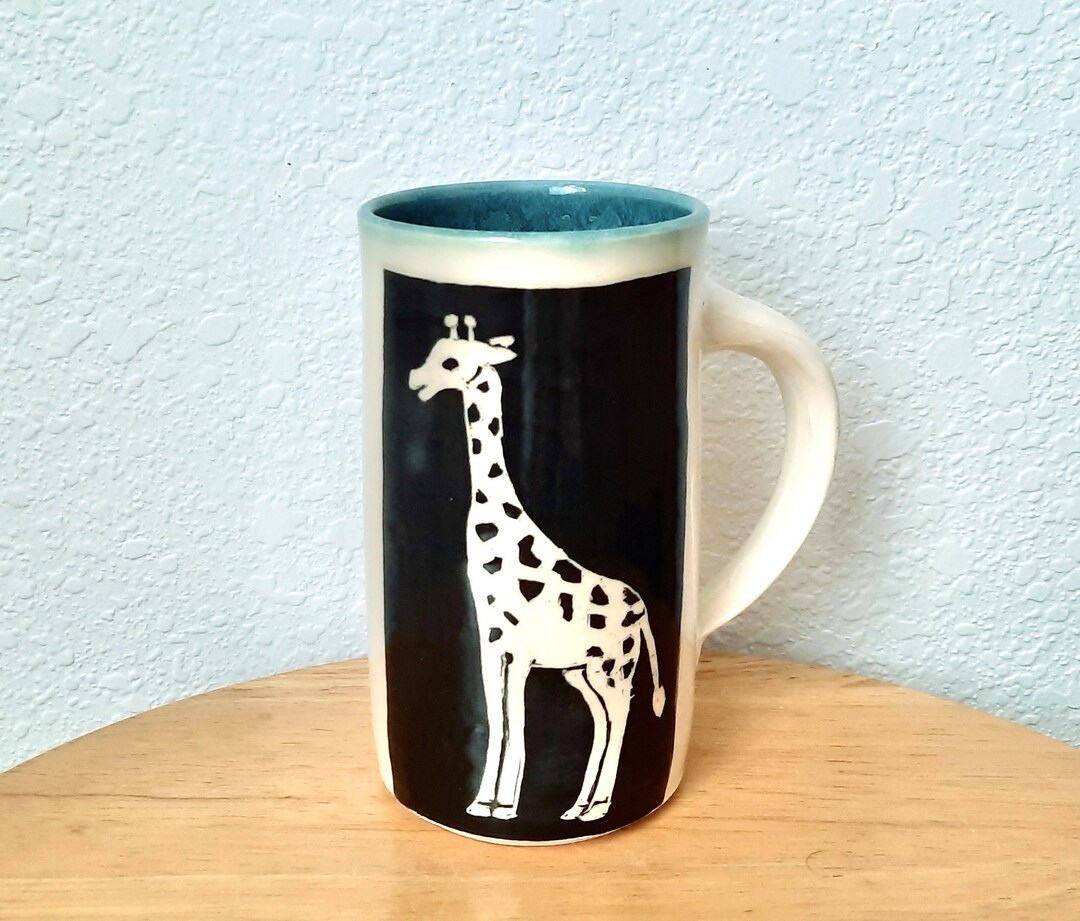 Giraffe & Flower Ceramic Sgraffito Mug Cup, 14 Ounce, Hand Carved ...