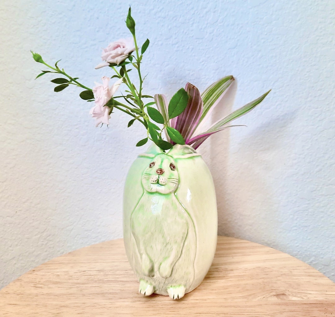 Rabbit Vase, Hand Sculpted Cute Hare, Jade Green Ceramic Flower Vase ...