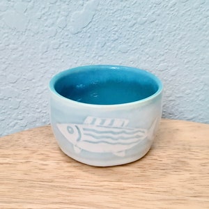 Ceramic Sgraffito Sake Cup, Hand Carved Fish Design, Pottery Shot Glass ...