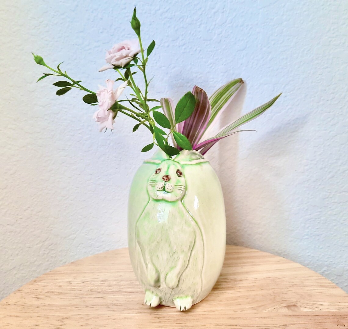 Rabbit Vase Hand Sculpted Cute Hare Jade Green Ceramic - Etsy