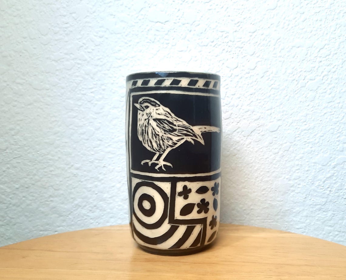 Bird Wren Plumeria Sgraffito Ceramic Vase, 5"h, Hand Carved, Made in ...