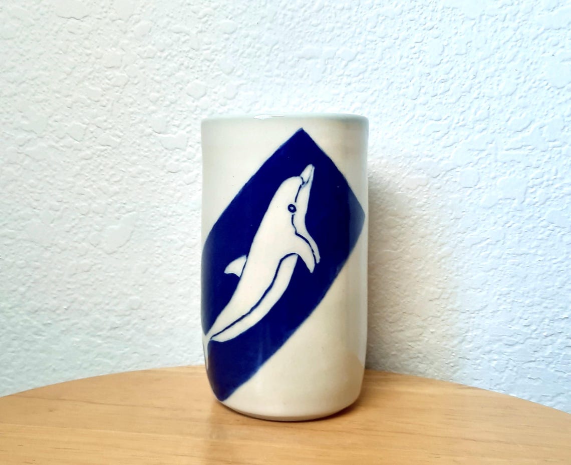 Handmade Hawaiian Pottery Tumbler Vase, Sgraffito Dolphin Crab Design ...