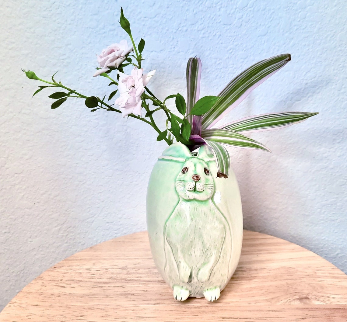 Rabbit Vase Hand Sculpted Cute Hare Jade Green Ceramic - Etsy