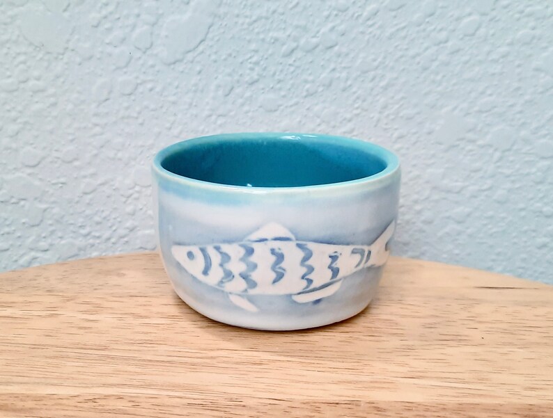Ceramic Sgraffito Sake Cup, Hand Carved Fish Design, Pottery Shot Glass ...