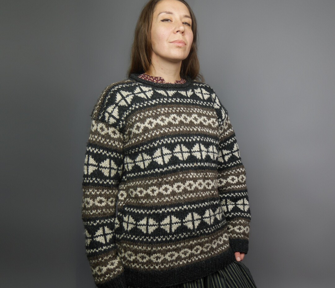 Nepal Men Sweater Gray Geometric Knit Pure Wool Pullover - Etsy