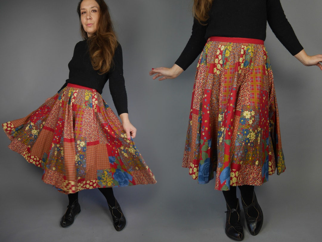Red Patchwork Print Circle Skirt Vintage Cotton Festival Skirt Midi ...
