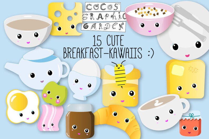 Kawaii Breakfast Food Clipart - 300 DPI Cute Food Clip Art Set - PNG ...