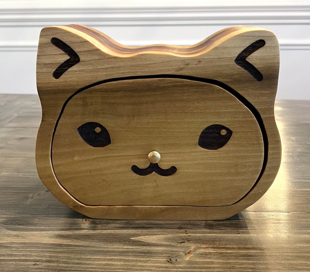 Wooden Cat Box With Drawer, 6.5 Wood Cat Keepsake Trinket Box, Cat Face ...