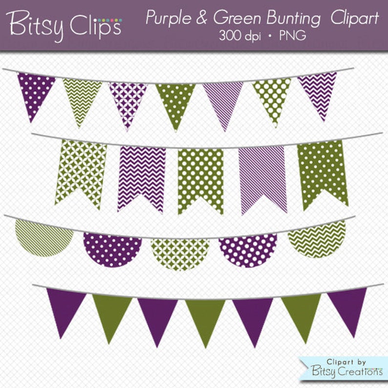 Purple and Green Bunting Clipart Digital Art Set Banner Flag INSTANT ...