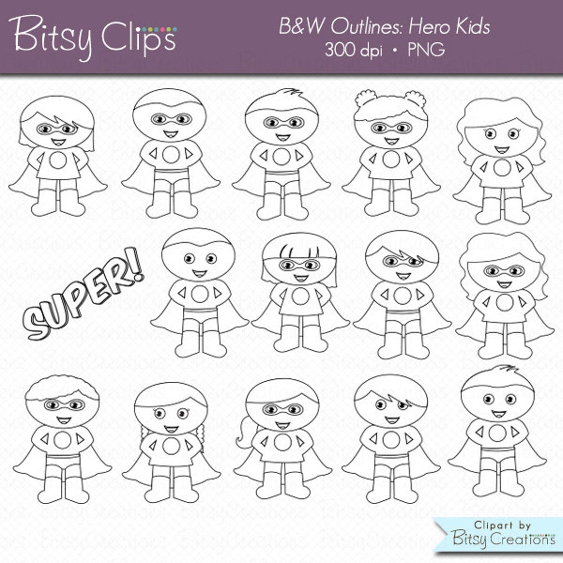 Hero Kids Clipart - OUTLINE Digital Art Set Clipart Commercial Use Clip ...