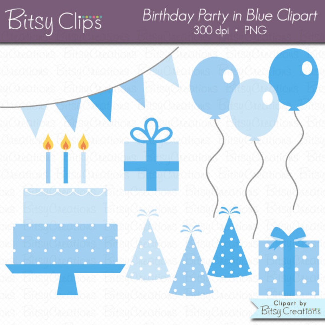 Birthday Party in Blue Digital Art Set Clipart Commercial Use Clip Art ...