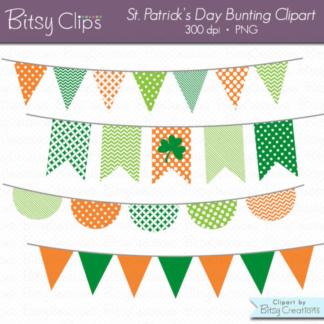 St. Patrick's Day Bunting Clipart Digital Art Set Green Orange Banner ...