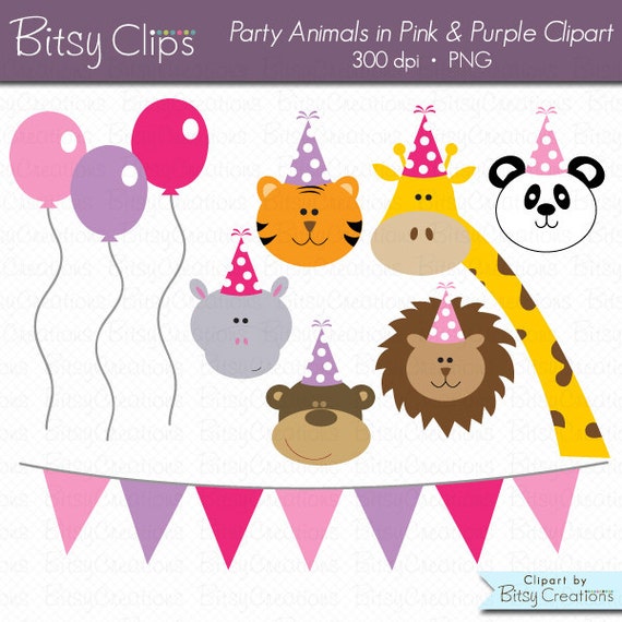 Party Animals in Pink and Purple Digital Art Set Clipart | Etsy