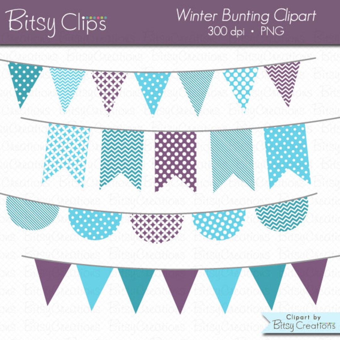 Winter Bunting Clipart Digital Art Set Blue Purple Banner Flag INSTANT ...