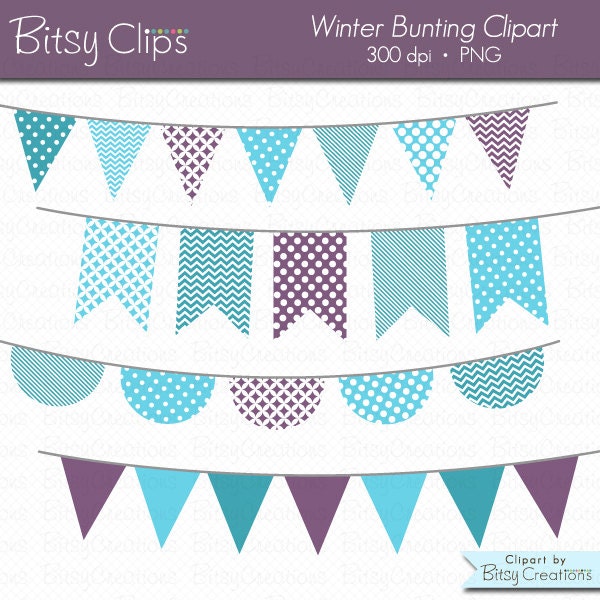 Winter Bunting Clipart Digital Art Set Blue Purple Banner Flag INSTANT ...