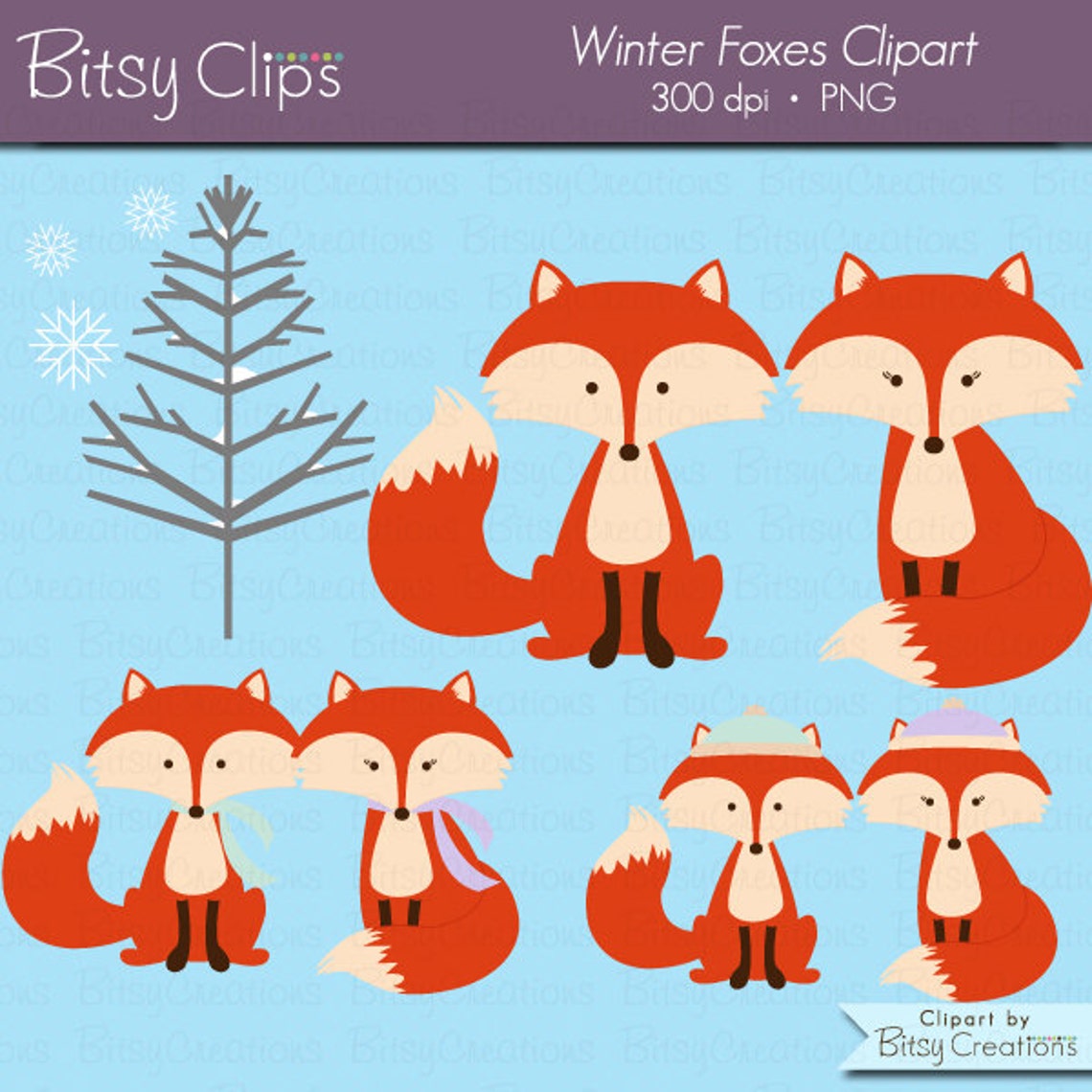 Winter Fox Clipart Digital Art Set INSTANT DOWNLOAD Fox Clipart Winter ...