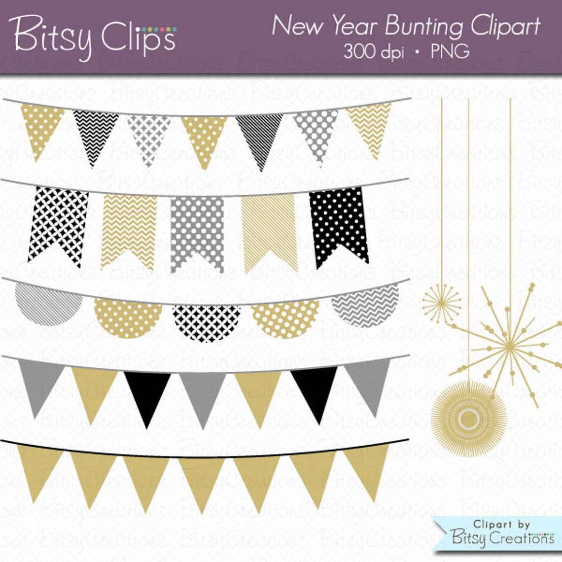 New Year Bunting Clipart Digital Art Set Gold Banner Flag INSTANT ...