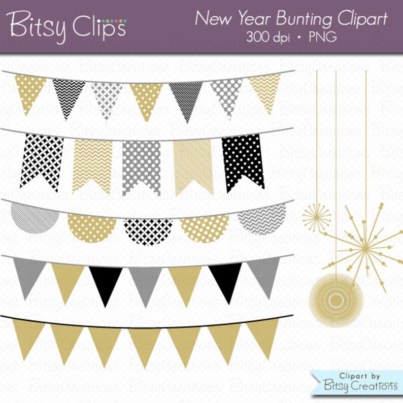 New Year Bunting Clipart Digital Art Set Gold Banner Flag INSTANT ...