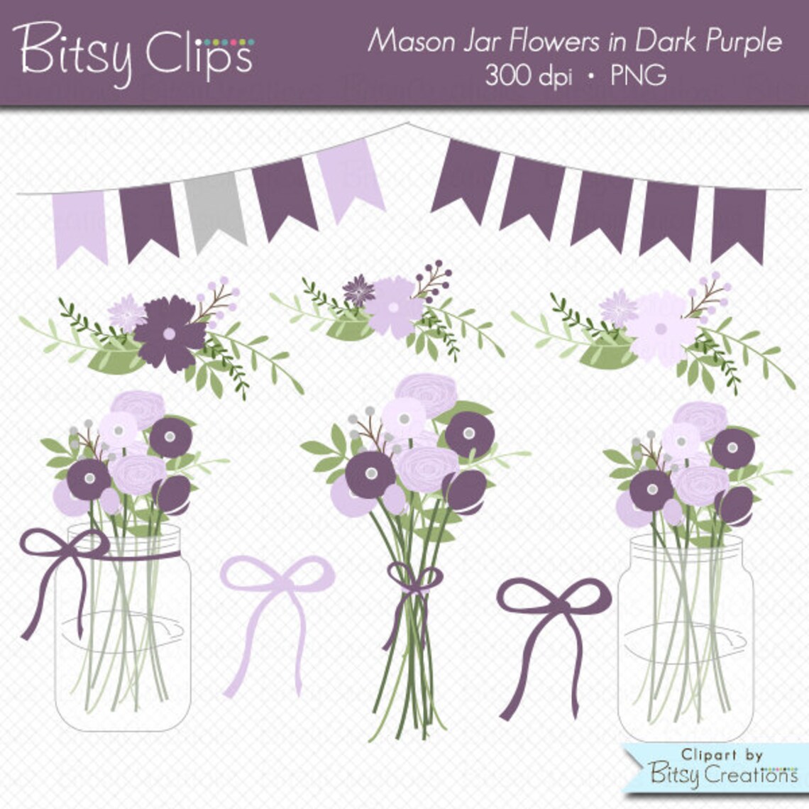 Mason Jar Flowers in Purple Digital Art Set Clipart Commercial Use Clip ...